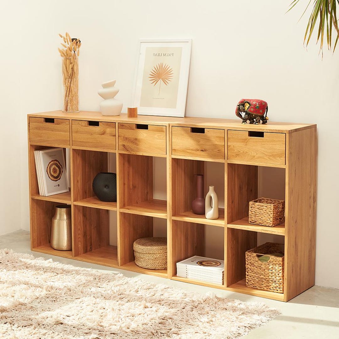 Narrow Console Table Solid Oak Storage Organizer Modern Minimalist ...