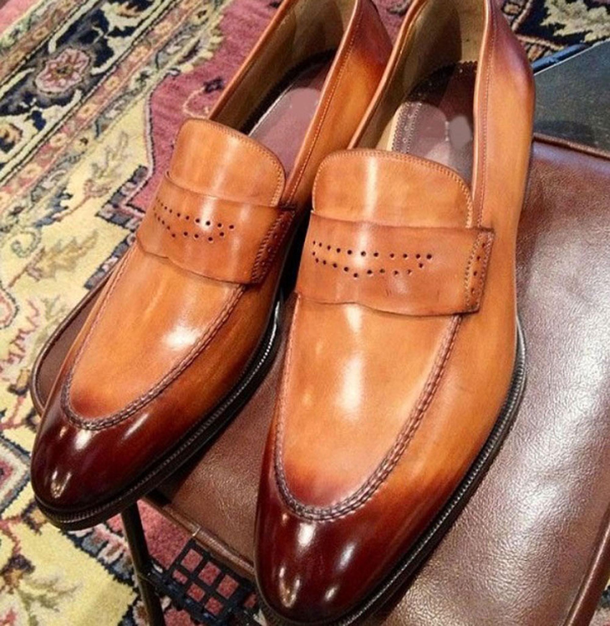 Handmade Tan Colour Genuine Leather Apron Toe Stylish Loafers Slip-on ...