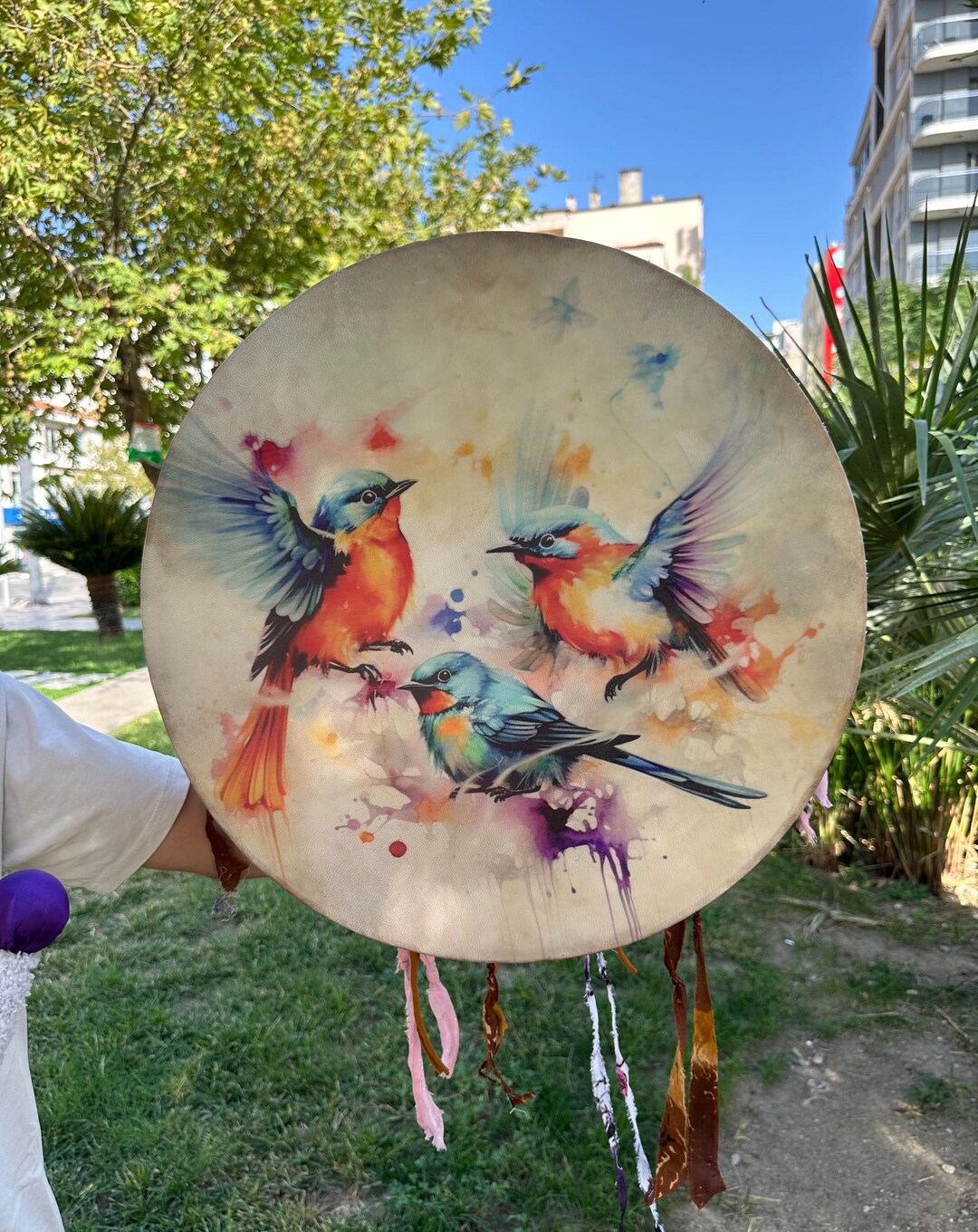 21-inch Traditional Colorful Birds Shamanic Drum | Handcrafted ...