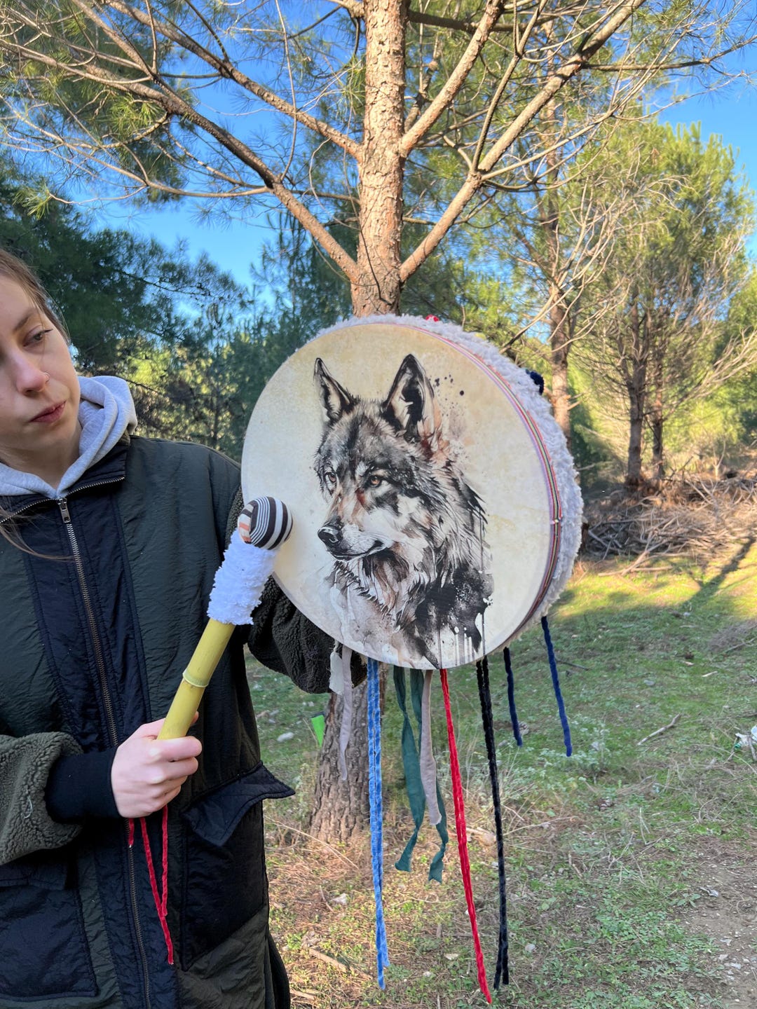15-inch Traditional Wolf Shamanic Ritual Drum - Woman Drum | Meditation ...