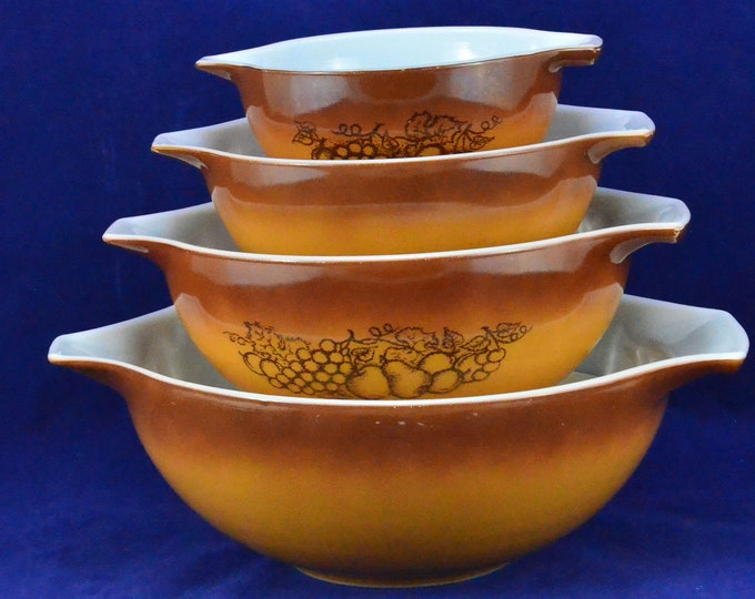 Old Orchard Pyrex Cinderella Mixing Bowl Set - #441, 442, 443, 444 - Corning - Brown With Fruit ...