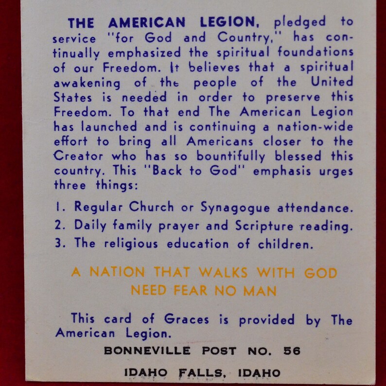 Vintage American Legion Pledge & Prayer Card - Back to God Grace Before ...