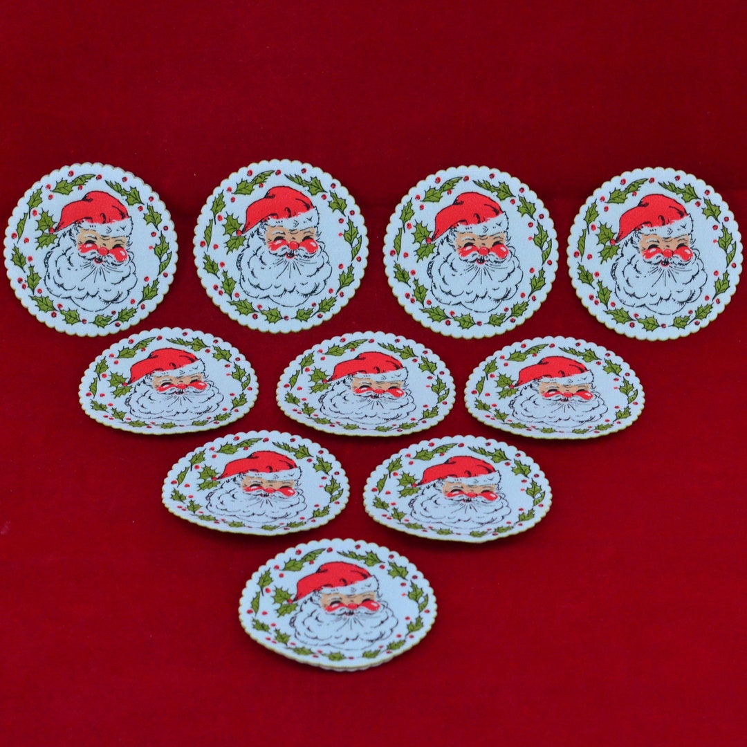 Ten Vintage Paper Embossed Holiday Santa Head Coasters With Holly ...