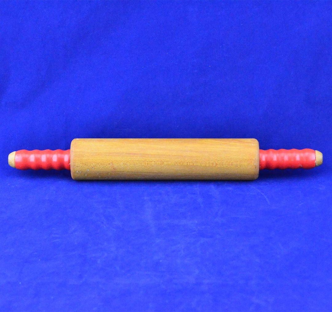 Vintage Wood Rolling Pin With Grooved Red Handles - Kitchen Utensils ...
