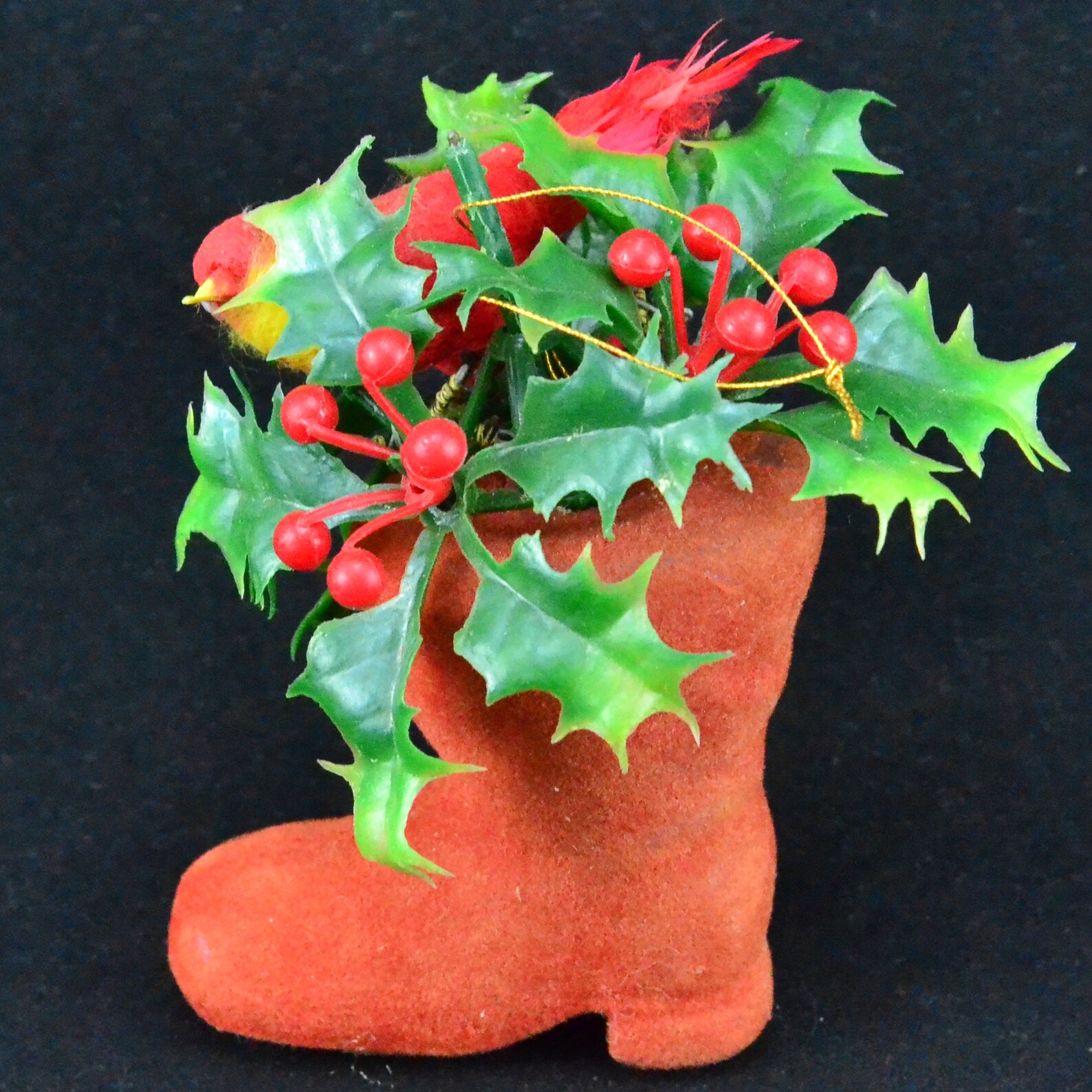 Vintage Flocked Felt Santa Boots Ornaments With Spun Cotton Birds and ...