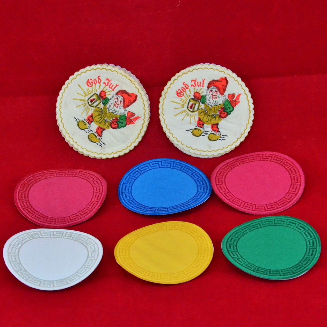 Eight Vintage Paper Embossed Holiday Coasters - Elves, Red, Blue ...