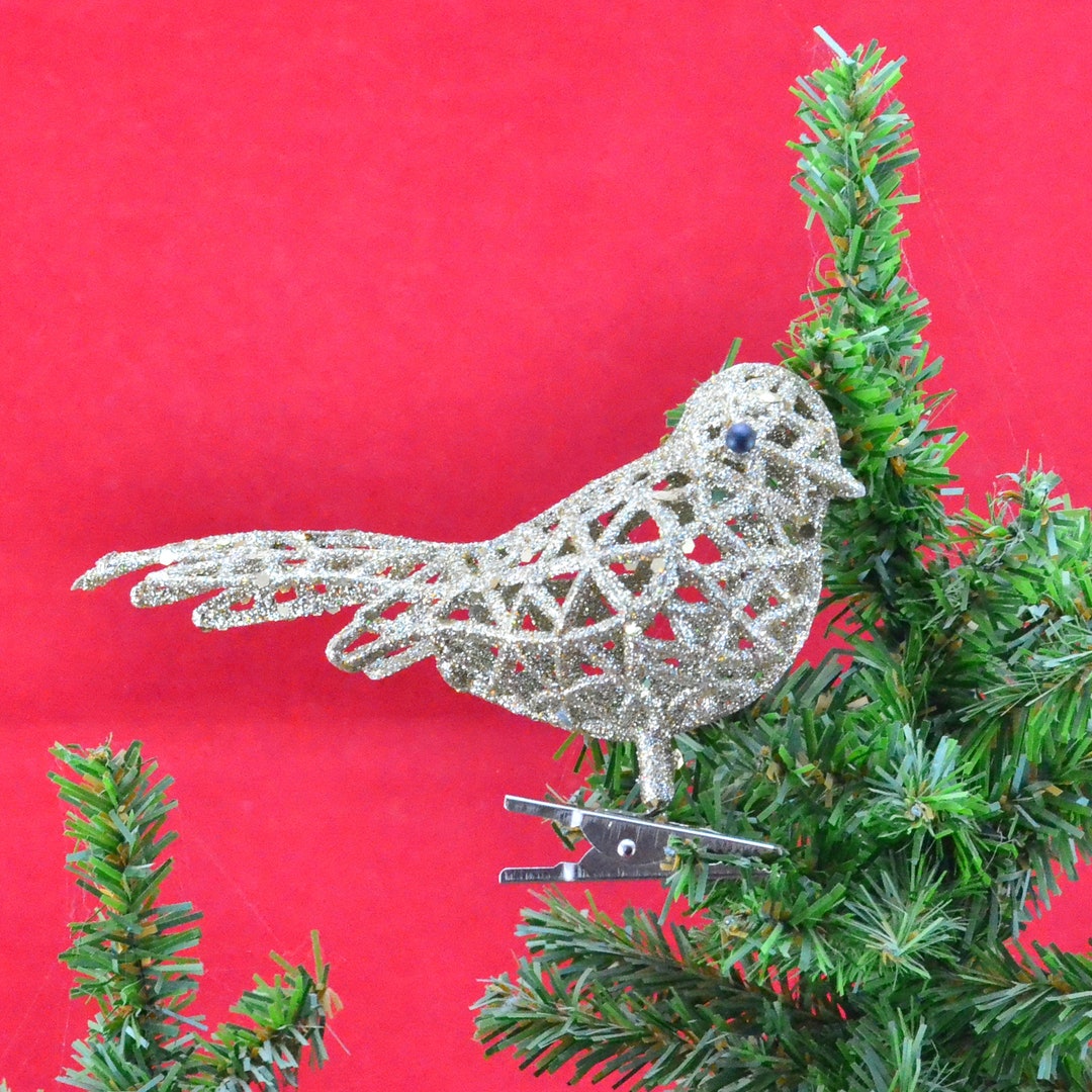 Vintage Shiny Glittered Gold Bird Clip on Ornament - Christmas Tree ...