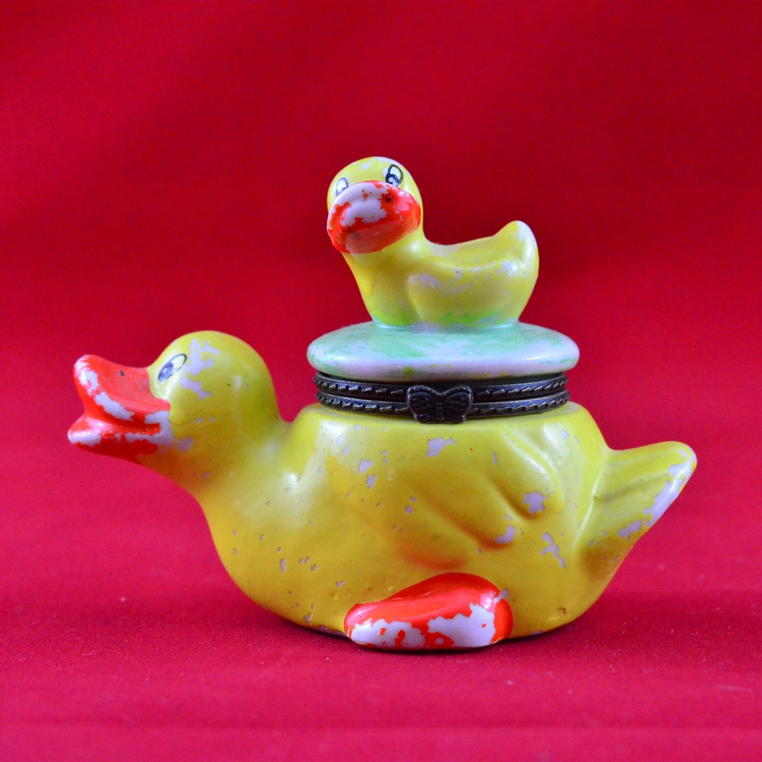 Vintage Yellow Mother Duck & Duckling Porcelain Hinged Trinket Box ...