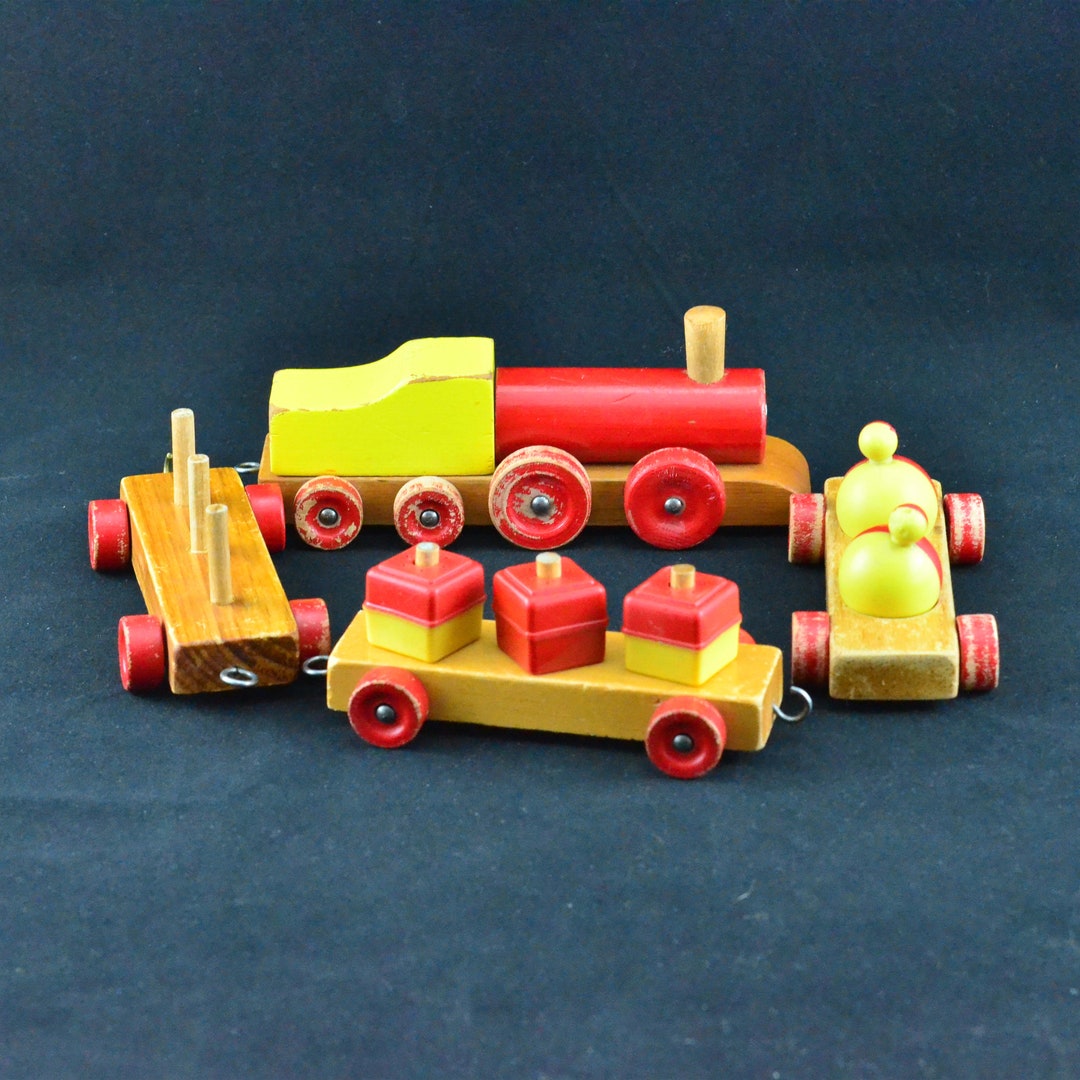 Vintage Wooden Toy Train With 3 Cars, Plastic Bell Blocks & Rattle ...