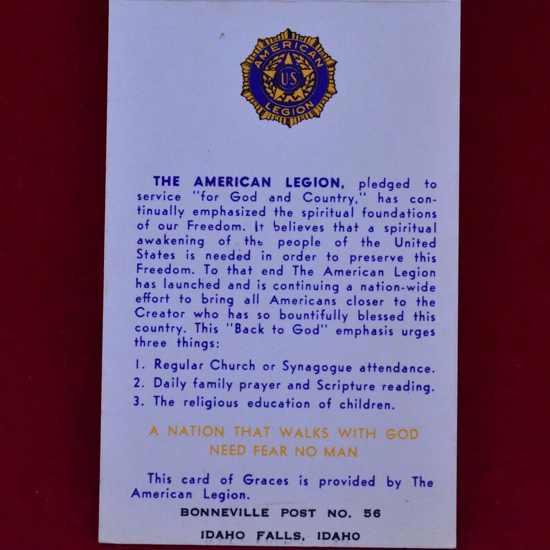 Vintage American Legion Pledge & Prayer Card - Back to God Grace Before ...