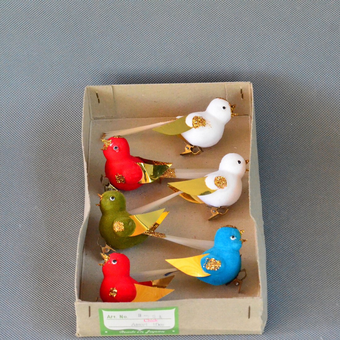 Set of 6 Mid-century Flocked Bird Clip on Christmas Tree Bird Ornaments ...