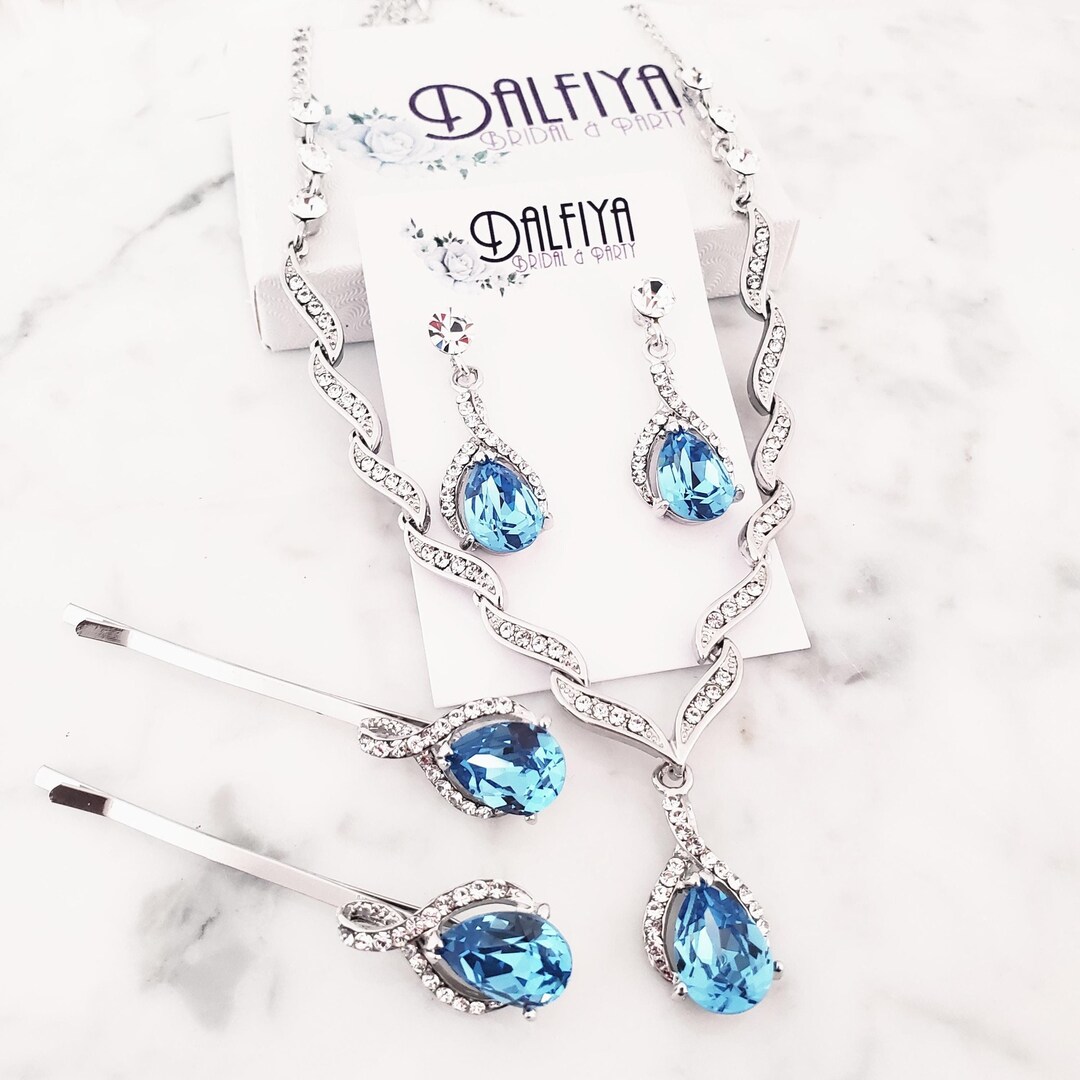 Ice Blue Necklace and Drop Earring Jewelry Set for Brides With Custom ...