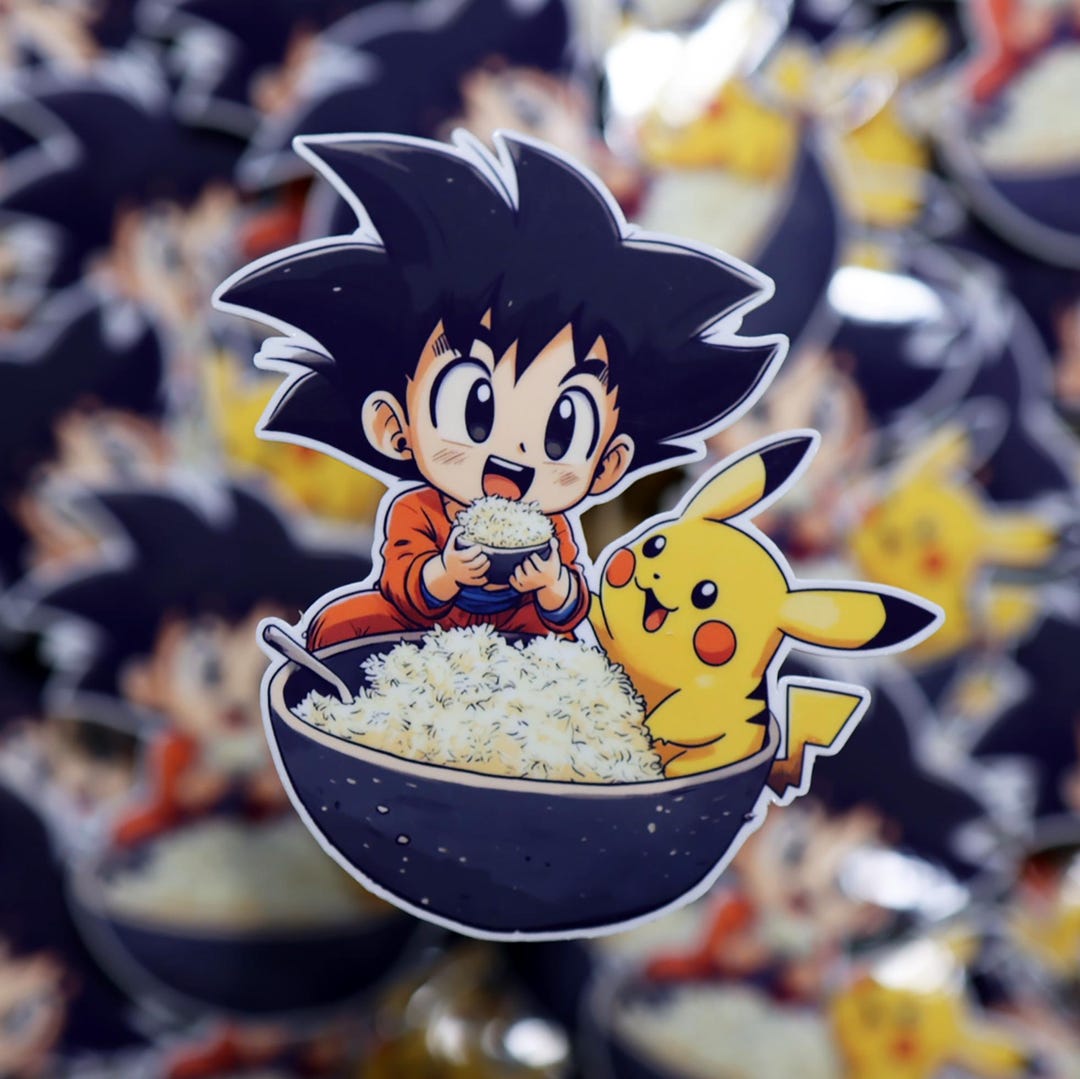 Goku and Pikachu Eating Rice Vinyl Sticker Handmade Anime Decal Custom ...