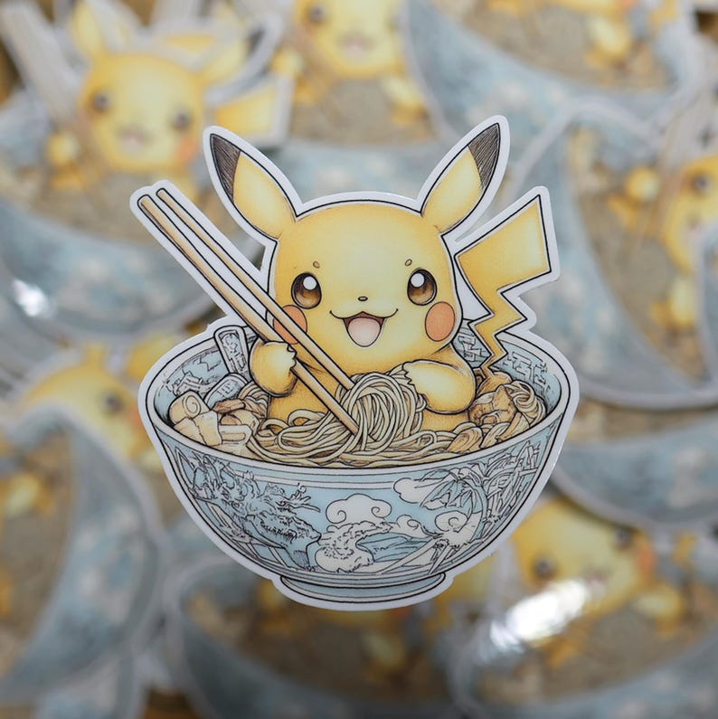 Pikachu in a Ramen Bowl Glossy Vinyl Sticker Handmade Custom Anime ...