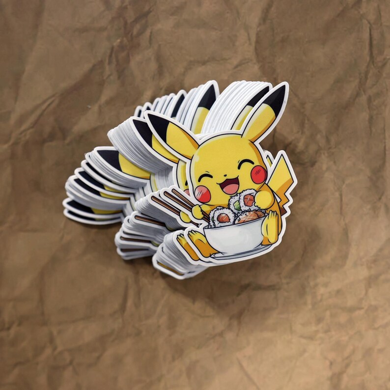 Pikachu Sticker Pikachu Eating Sushi Sticker Custom, Handmade ...