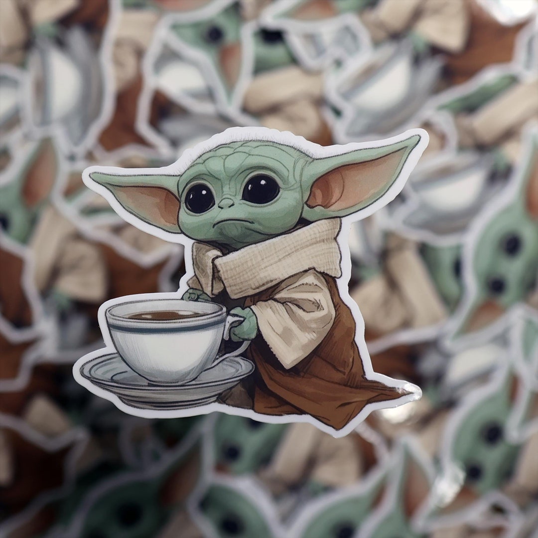 Grogu Drinking Coffee Vinyl Sticker, Handmade Custom Personalized Baby ...