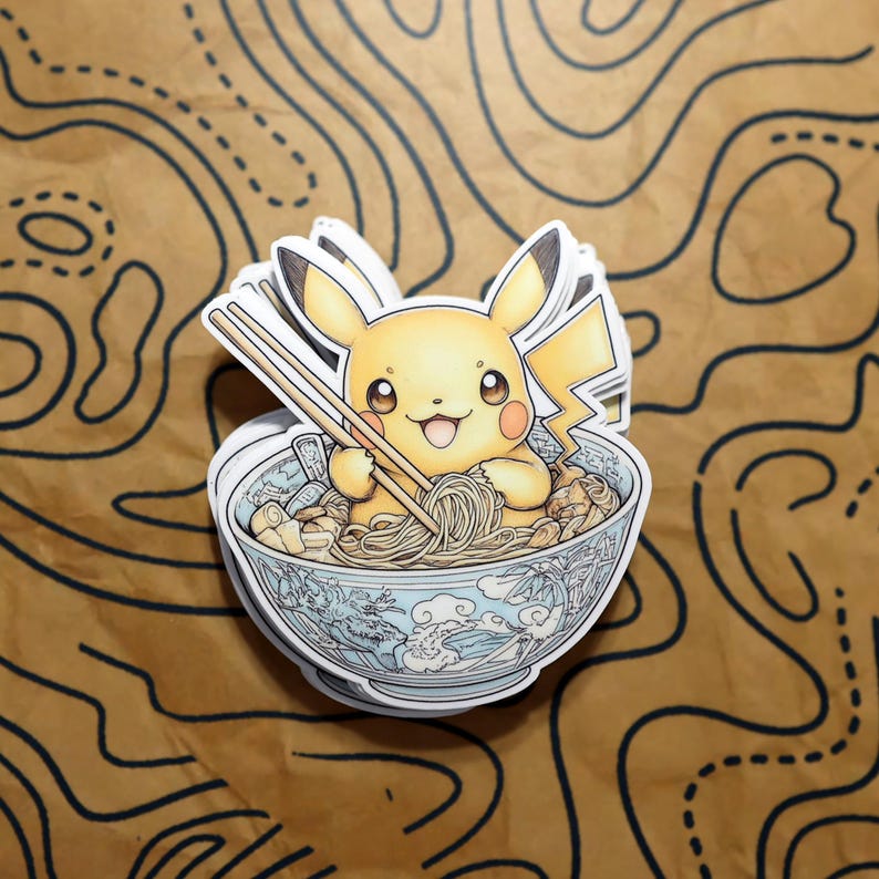 Pikachu in a Ramen Bowl Glossy Vinyl Sticker Handmade Custom Anime ...
