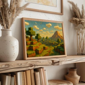 Minecraft Sunset Landscape Oil Painting | Blocky Art Print | Pixelated ...