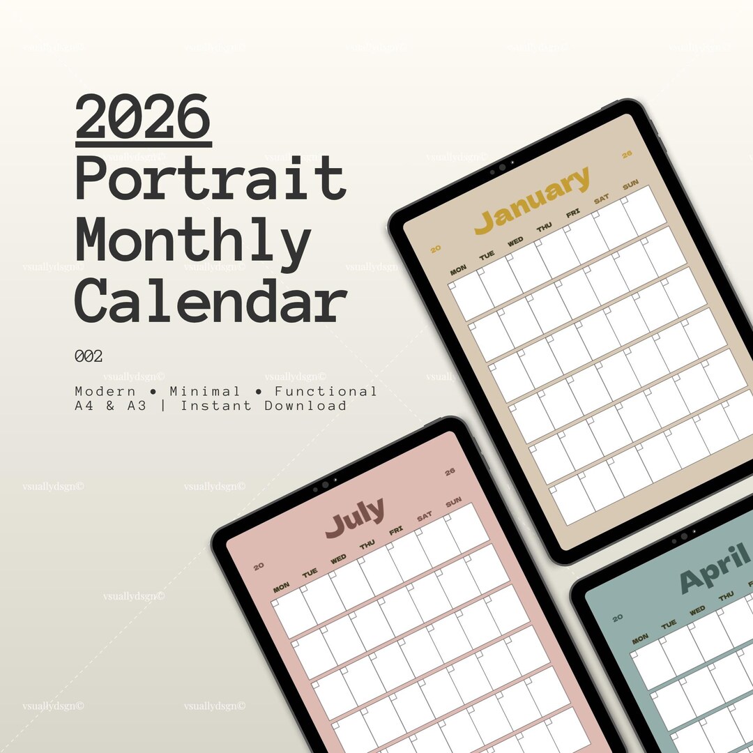 2026 Undated Monthly Calendar | Portrait Printable Planner | Wall ...