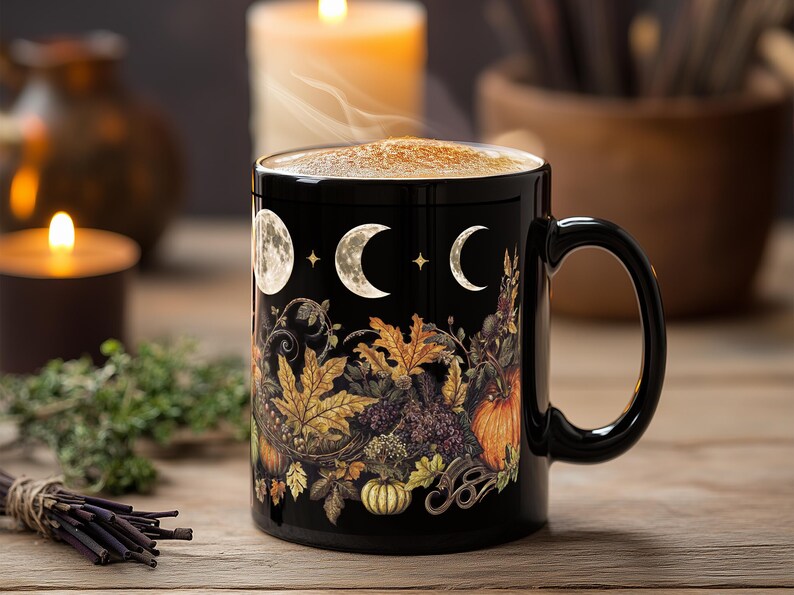 Harvest and Moon Phases Autumn Festival Black Mug (11oz, 15oz) - Mabon ...