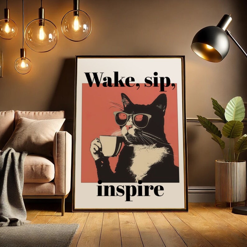 Retro Cat With Coffee Poster, Minimalist Retro Print, Vintage Cat ...