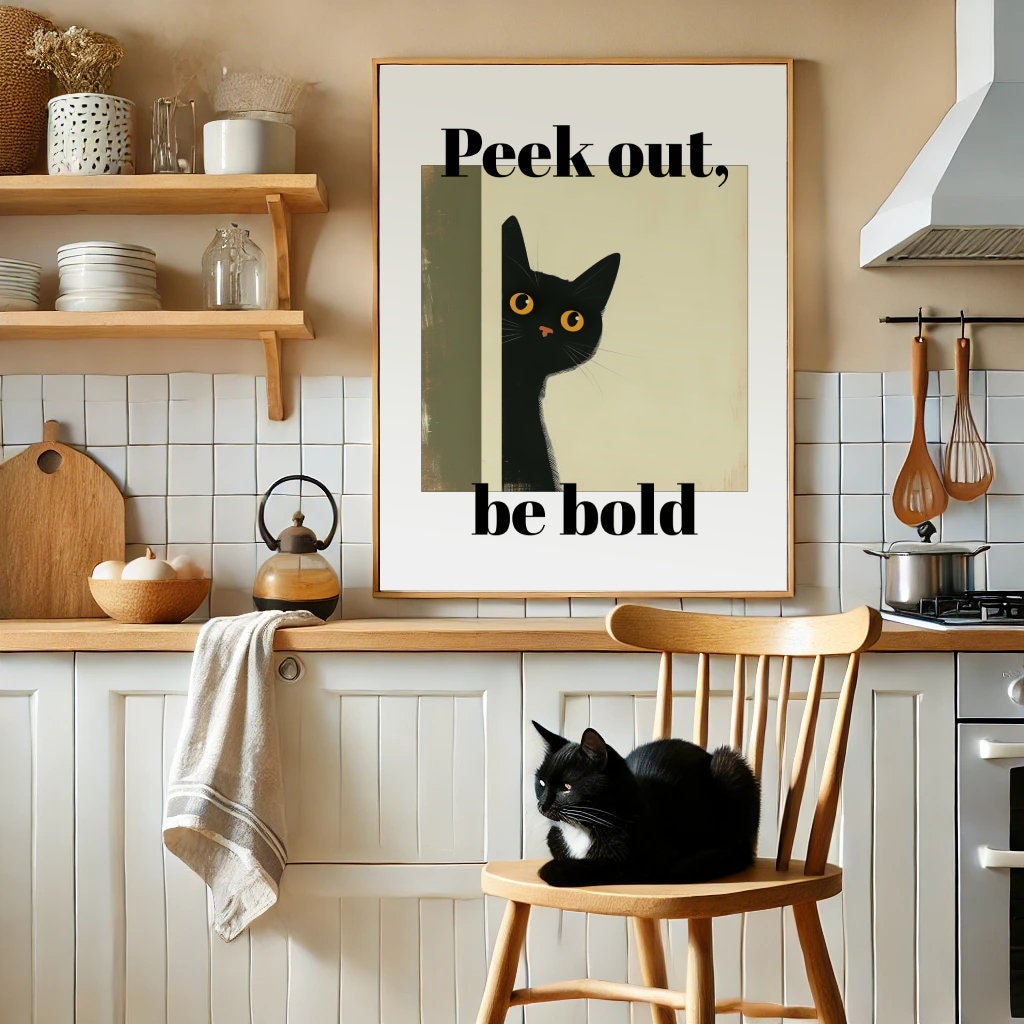 Retro Peeking Black Cat Poster, Minimalist Retro Print, Vintage Cat ...