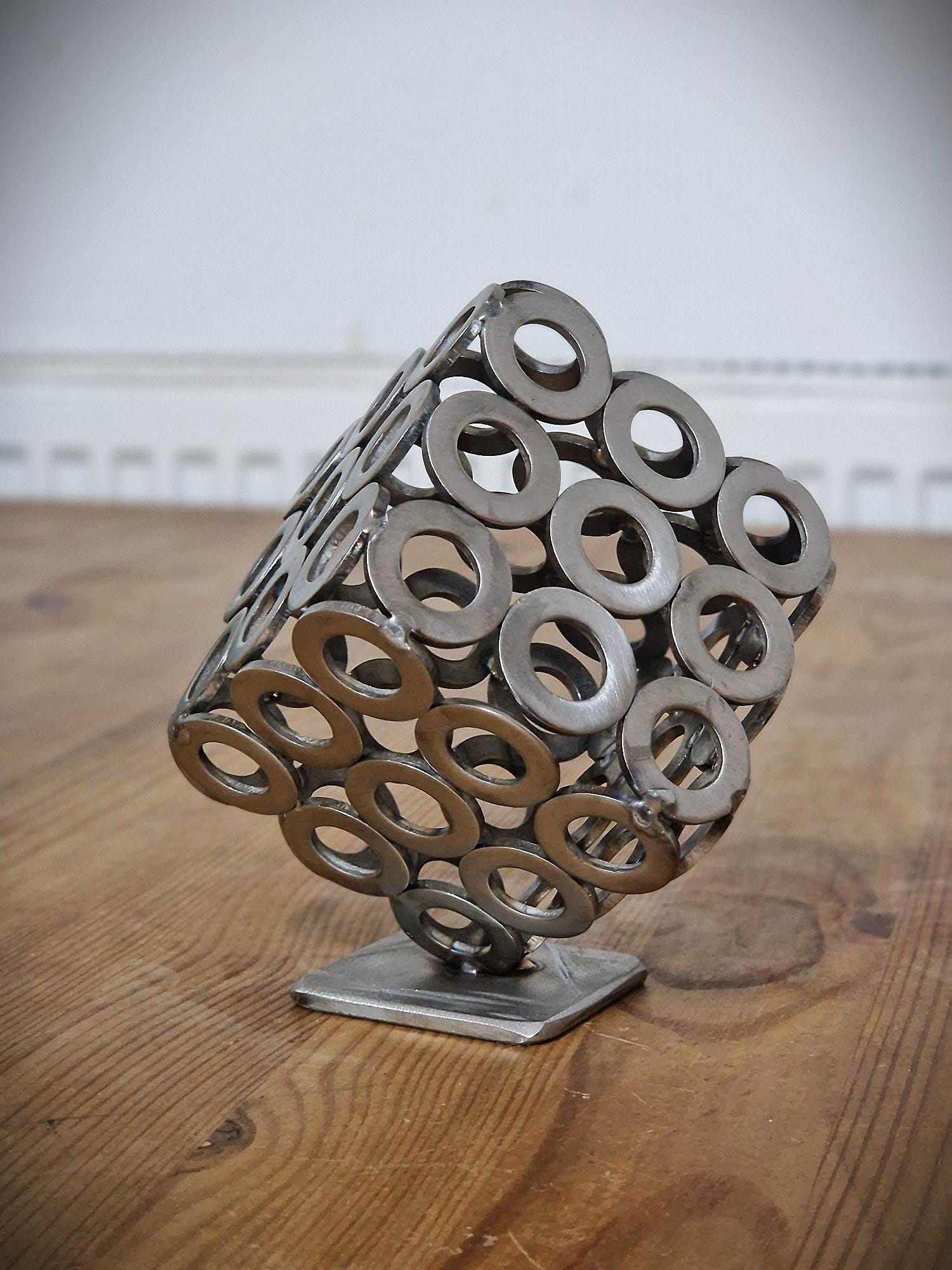Unique Sculpture of a Cube Made Using Stainless Steel Washers Welded ...