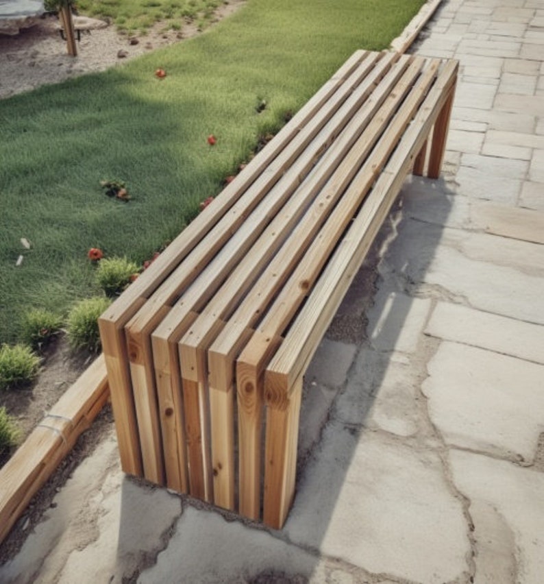 DIY Modern Slat Bench Plans, Simple Bench Plans, Patio Sitting Bench ...