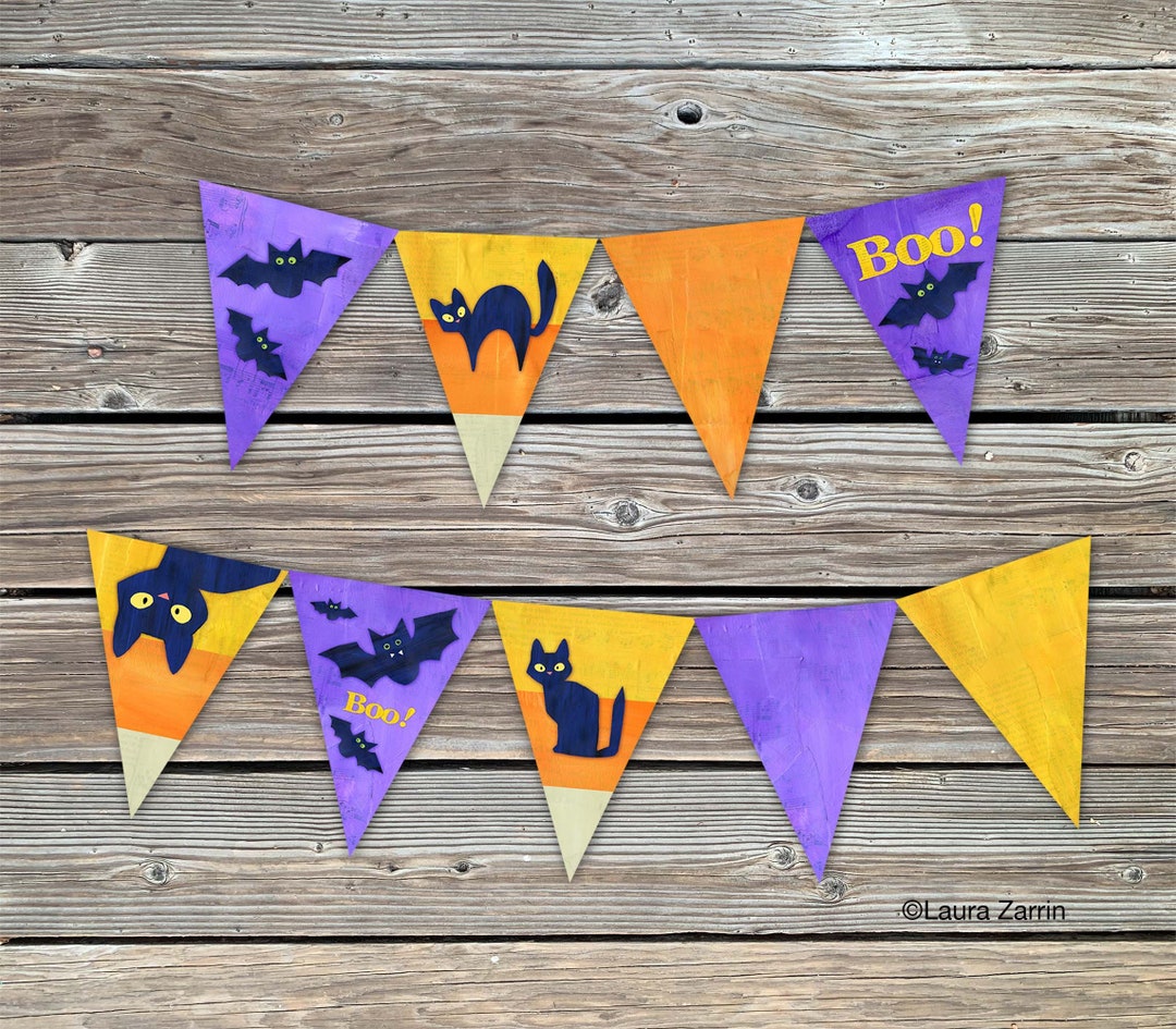Printable Modern Halloween Decor Bunting With Cute Bats and Cats for ...