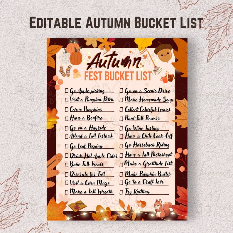 Autumn Fall Editable Bucket List, Fall Leaves Printable to Do List ...