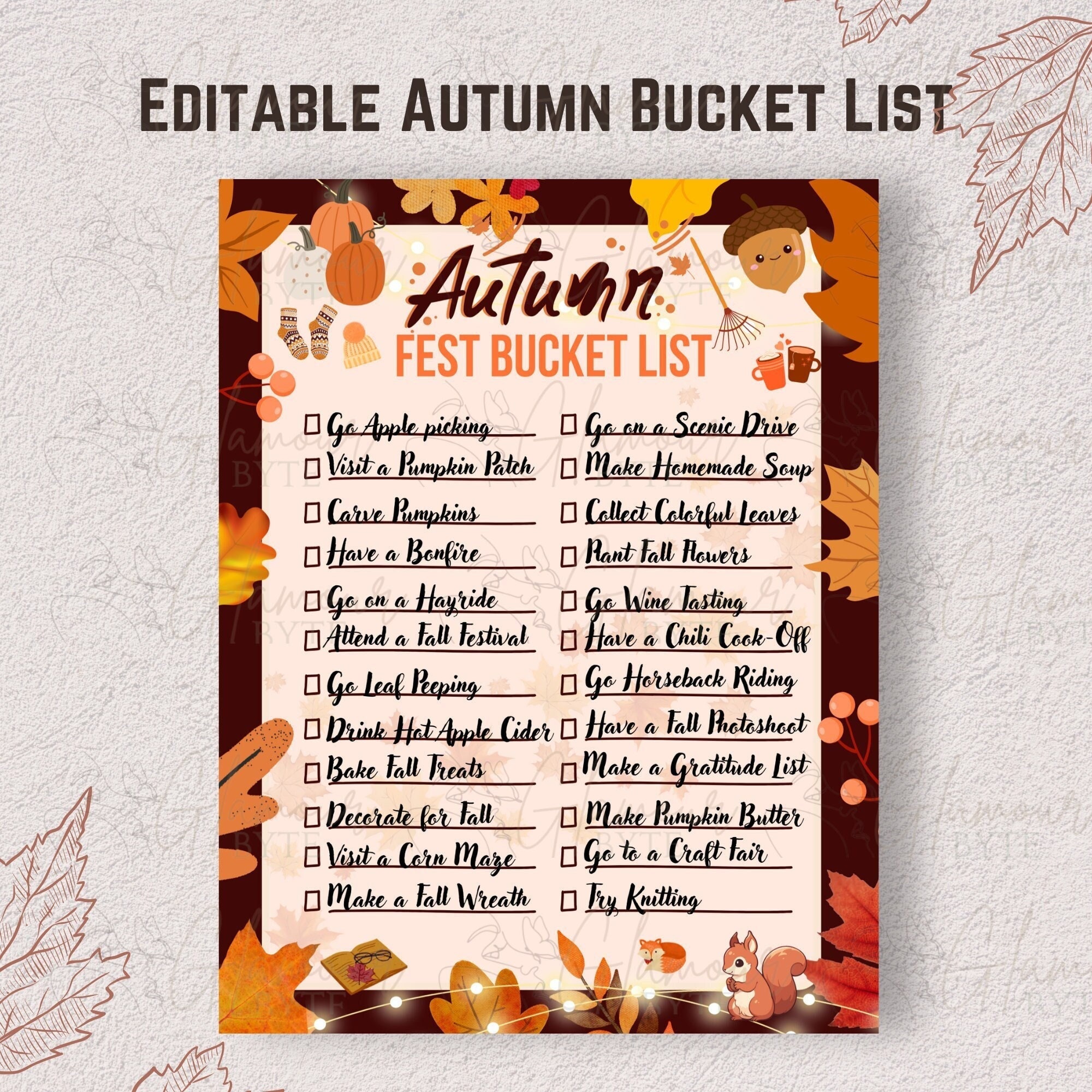Autumn Fall Editable Bucket List, Fall Leaves Printable to Do List ...