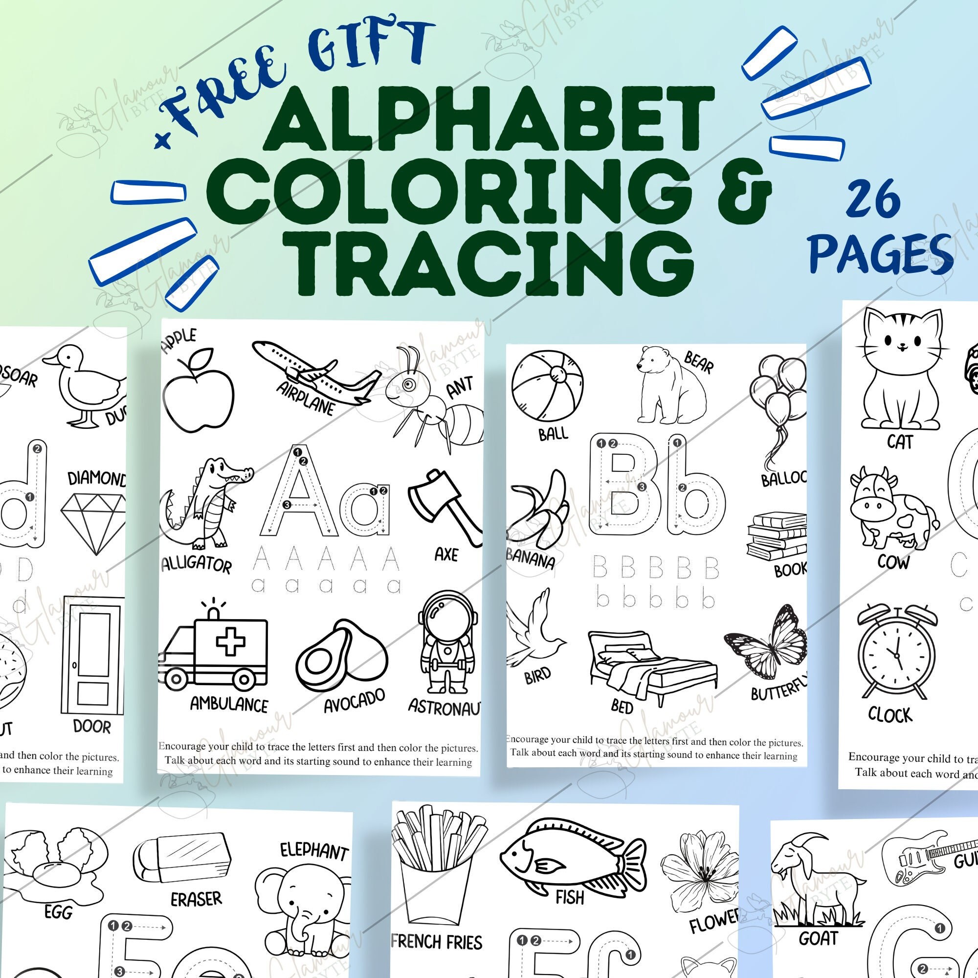 26 Alphabet Tracing Coloring Page, Preschool Printable Activity, Abc ...