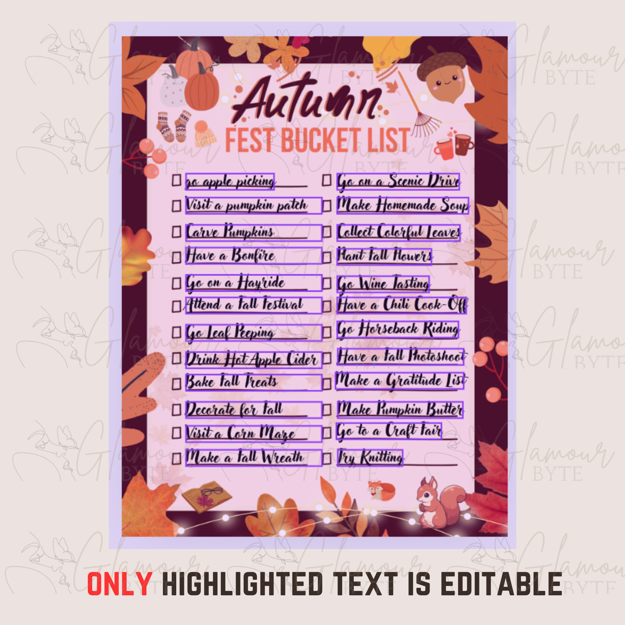 Autumn Fall Editable Bucket List, Fall Leaves Printable to Do List ...