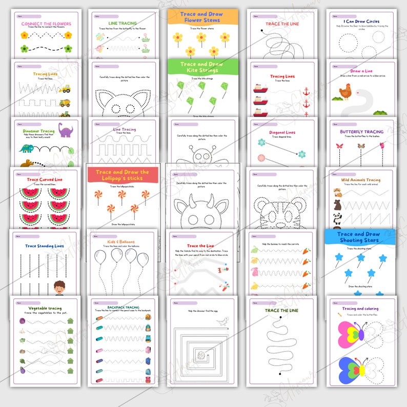 55 Preschool Line Tracing Worksheets Bundle Lines Trace Pages Printable ...