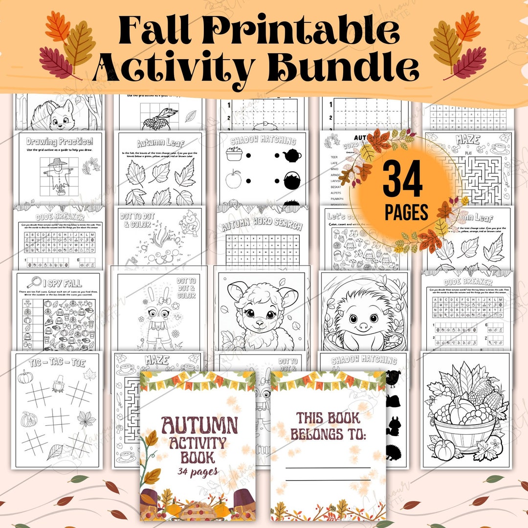 34 Printable Fall Kids Activity Bundle, Autumn Word Search Coloring ...