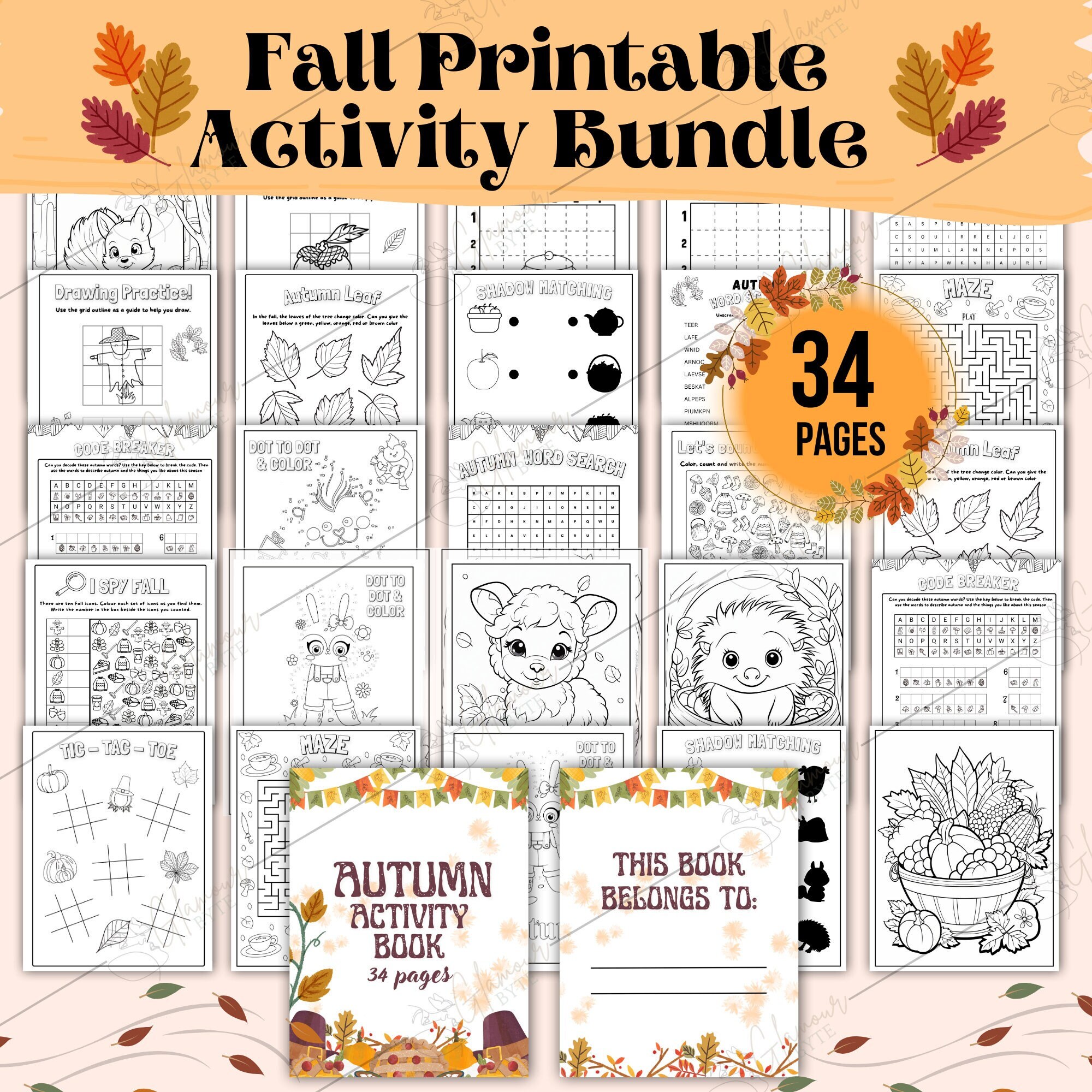 34 Printable Fall Kids Activity Bundle, Autumn Word Search Coloring ...