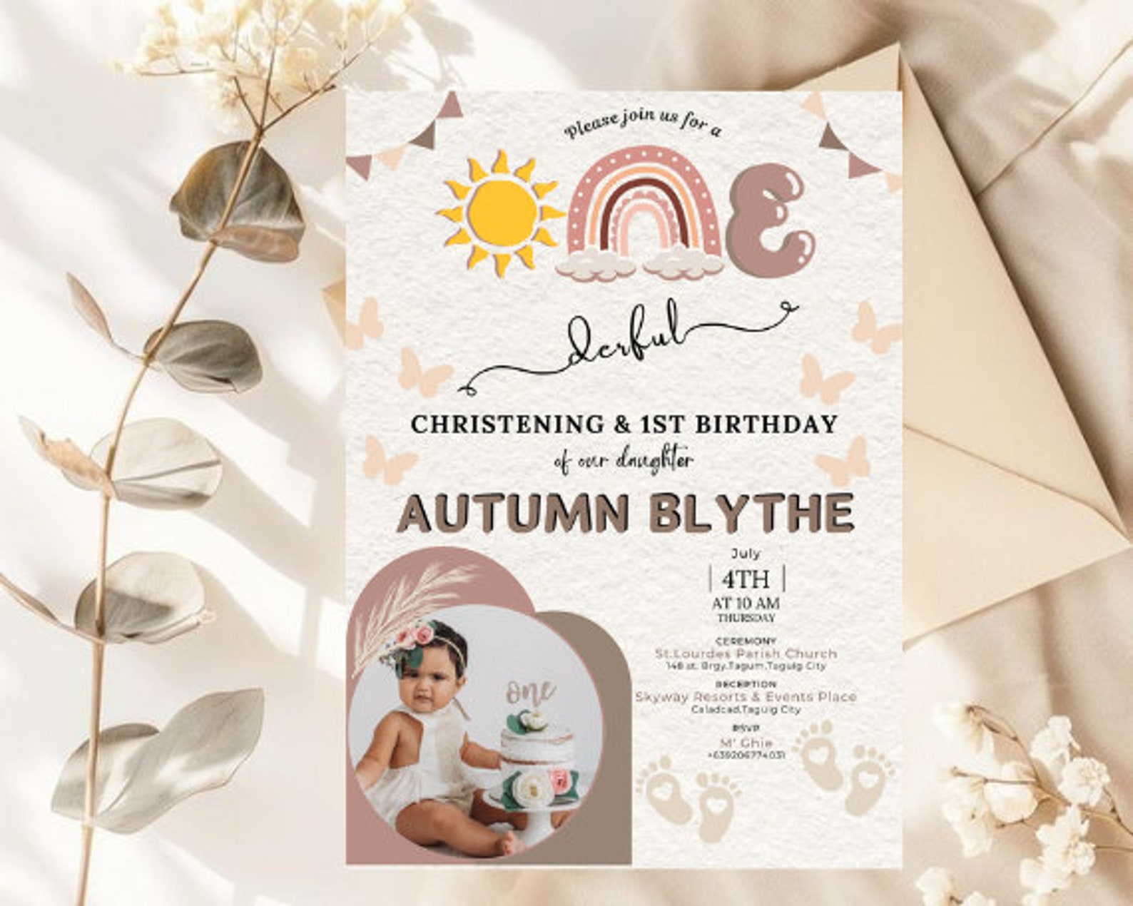 Editable Bundle of Boho Theme Birthday Invitation Template and Thank ...