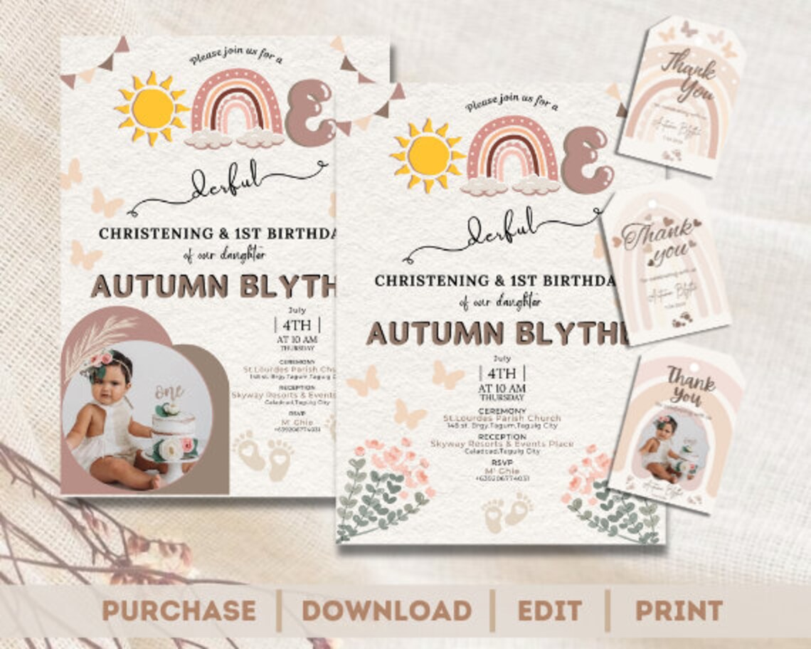 Editable Bundle of Boho Theme Birthday Invitation Template and Thank ...