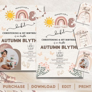 Editable Bundle of Boho Theme Birthday Invitation Template and Thank ...