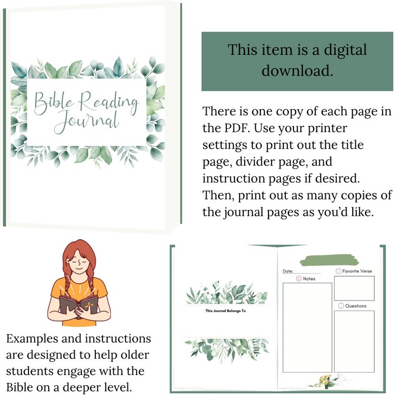 Bible Reading Journal for Kids and Teens | Floral Design | Digital ...