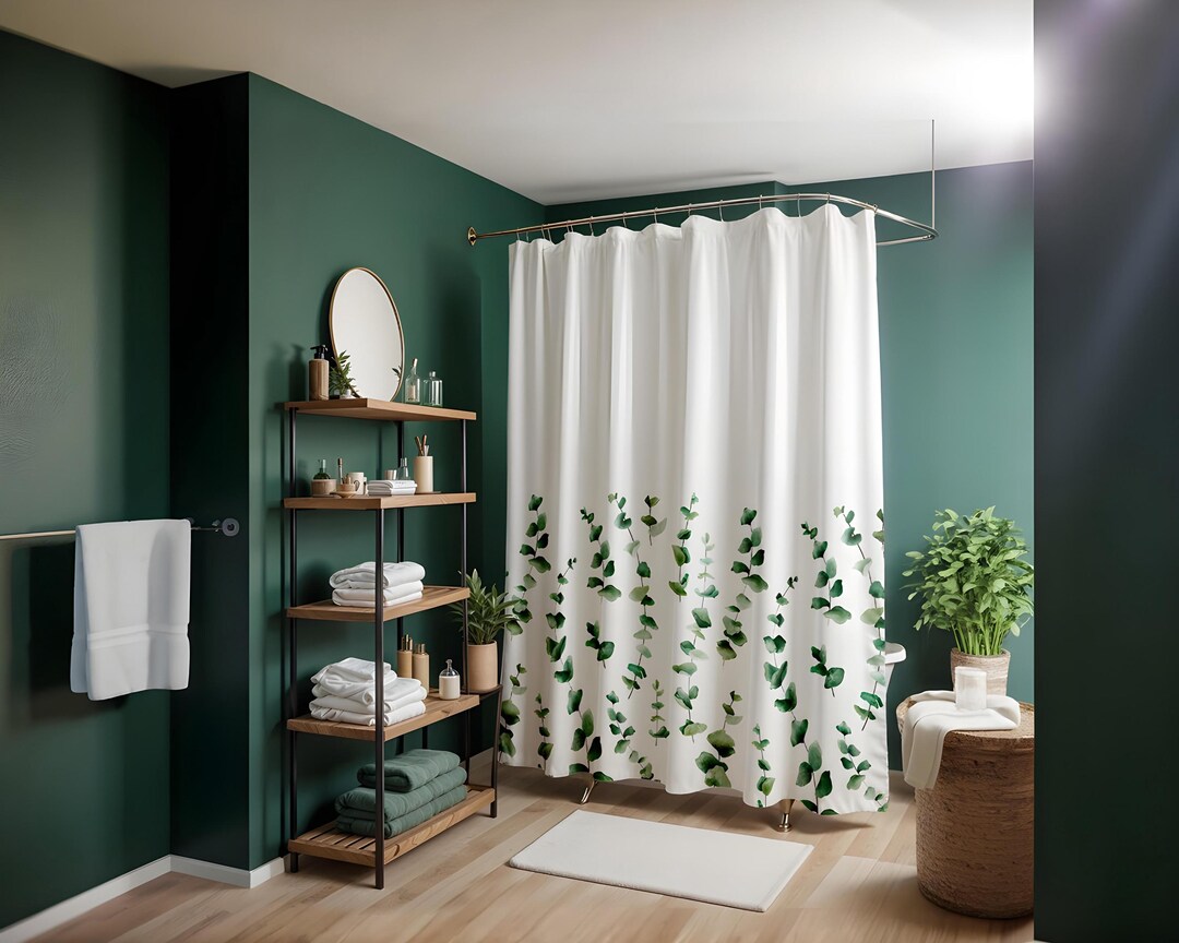 Abstract Leafs Shower Curtain | Eucalyptus Leaves & White Waterproof ...