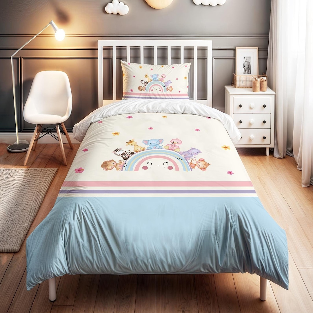 Smile Rainbow Animals Bedding Set, Personelized Name, Kids Duvet Cover ...