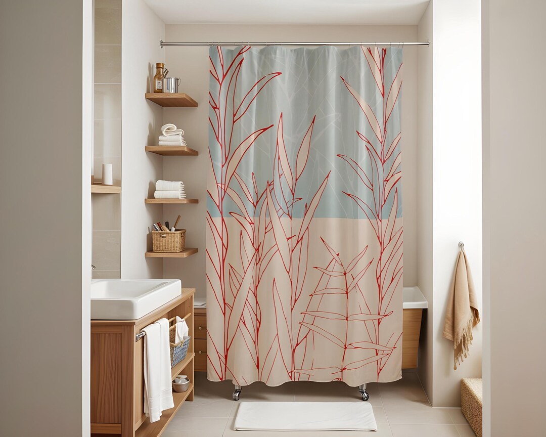 Powder Red Twig Pattern Shower Curtain | Luxury Custom Drapes | Luxury ...