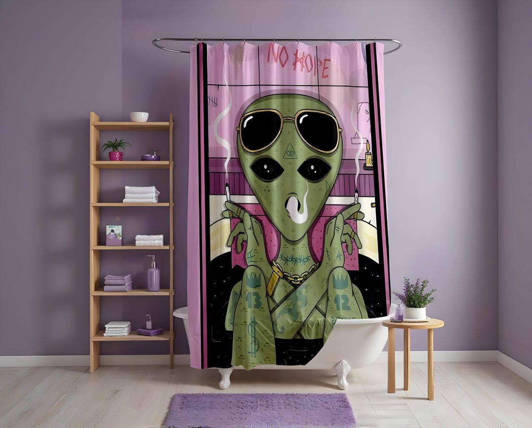 Old School Alien Design Shower Curtain | Relaxing Pink Print | Long ...