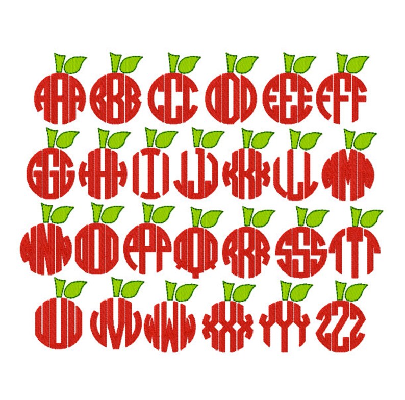 No.309 Apple Circle Monogram Teacher Font (3in, 4x4, 5in, and 6in ...