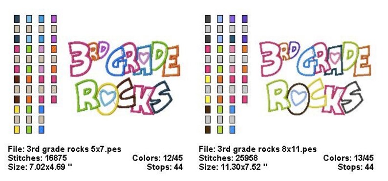 3rd Grade Rocks Applique Designs 5x7 and 8x11 Hoop Size - INSTANT ...