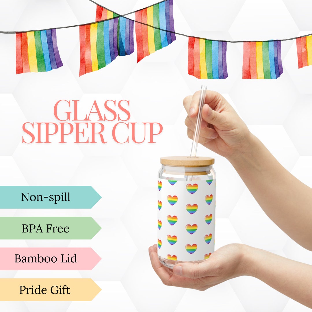 Rainbow Hearts Pride Glass Sipper Cup, 16oz Pride Gift LGBTQ Drinkware ...