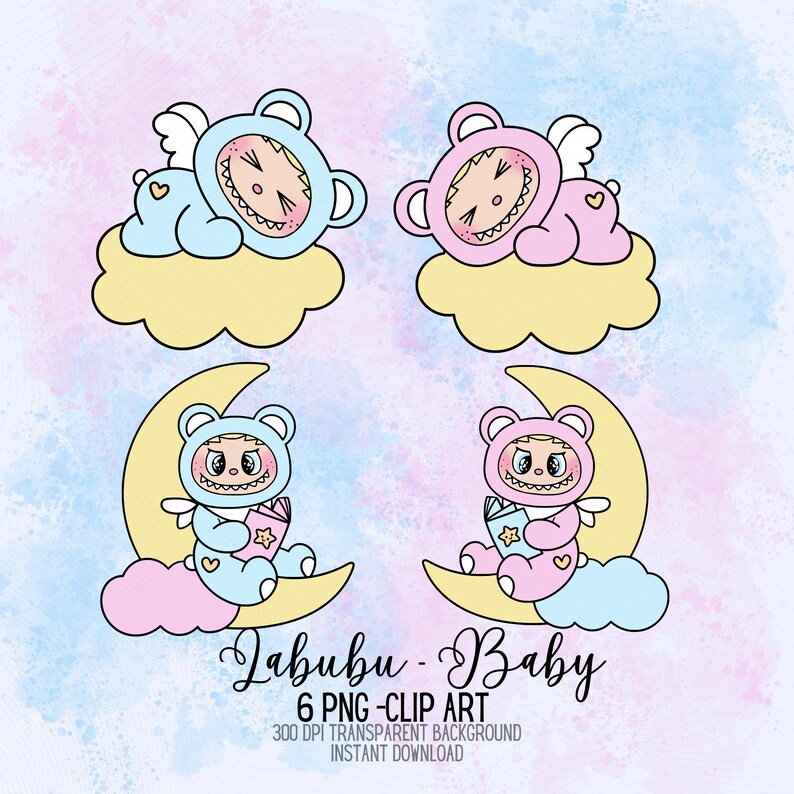 Baby Labubu Clipart, Cute Kawaii Bear Angel Png, Moon and Cloud Pastel ...