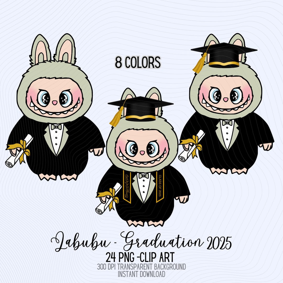 Labubu Graduation 2025 Clipart, 24 PNG Graduation Clip Art in 8 Colors ...