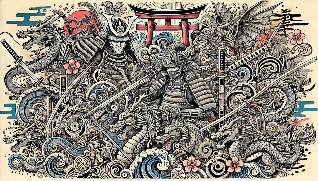 Samurai Battle Doodle Art – Digital Illustration, Japanese Warrior ...